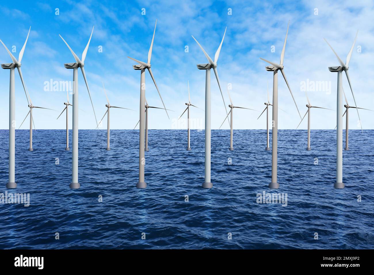 Floating wind turbines installed in sea under blue sky. Alternative ...