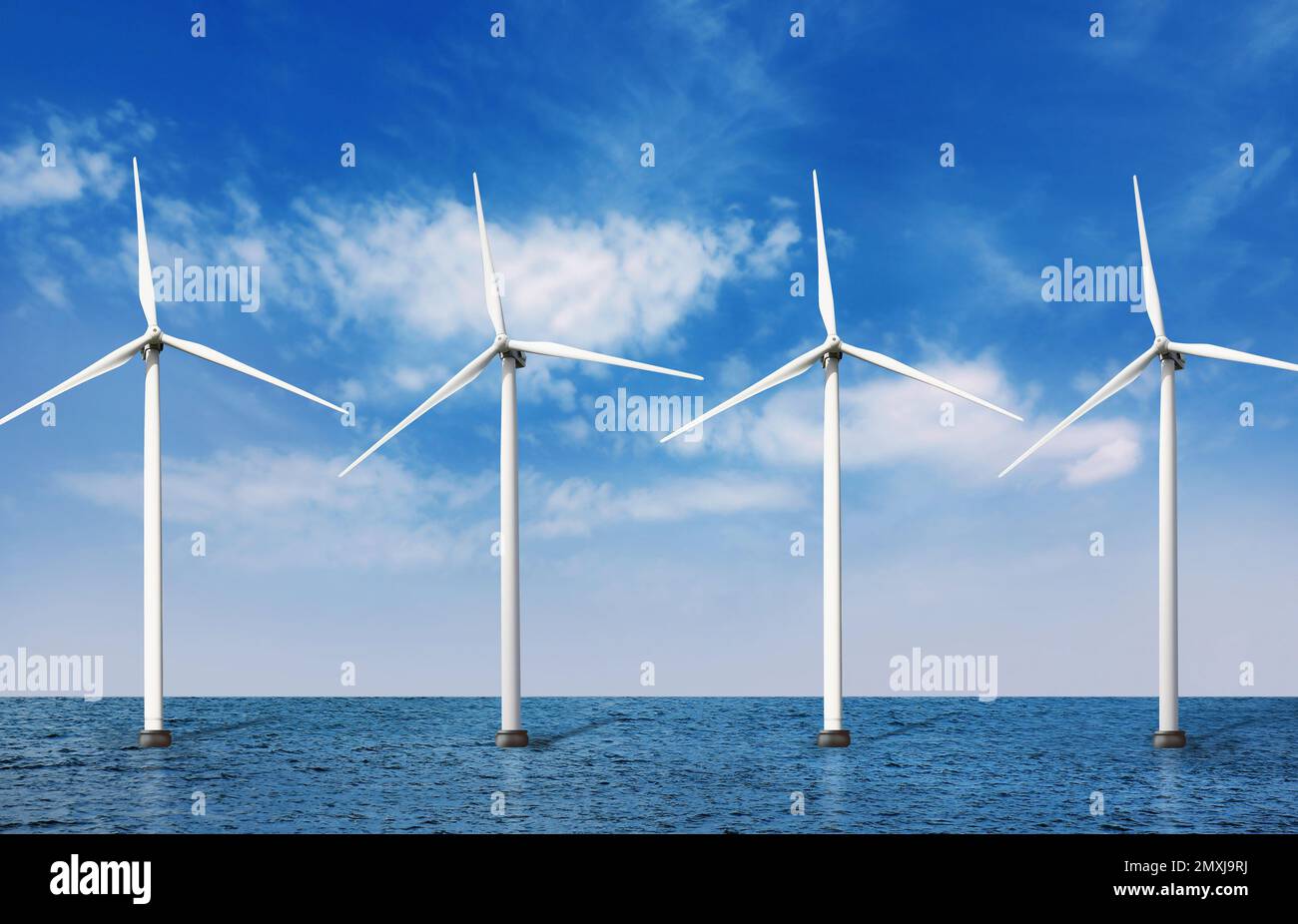 Floating wind turbines installed in sea under blue sky. Alternative ...