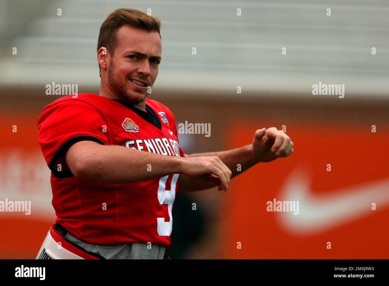 National quarterback Jake Haener of Fresno State (9) runs drills during ...