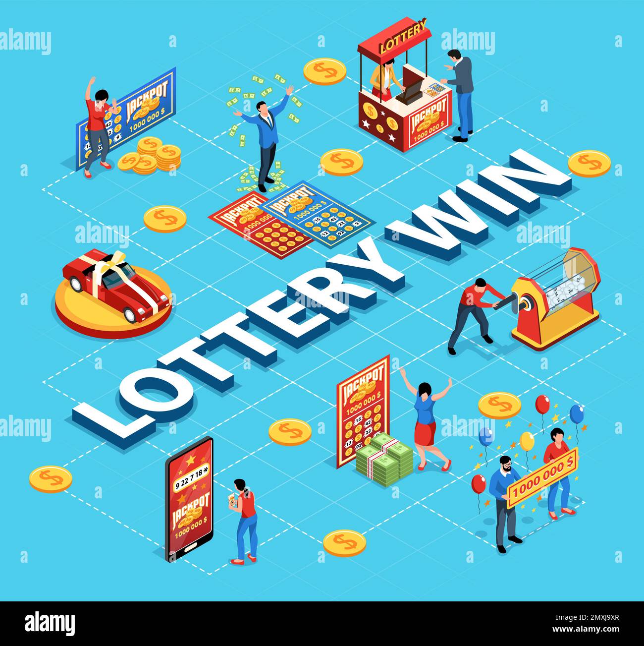 Isometric lottery flowchart with people winning prizes vector ...
