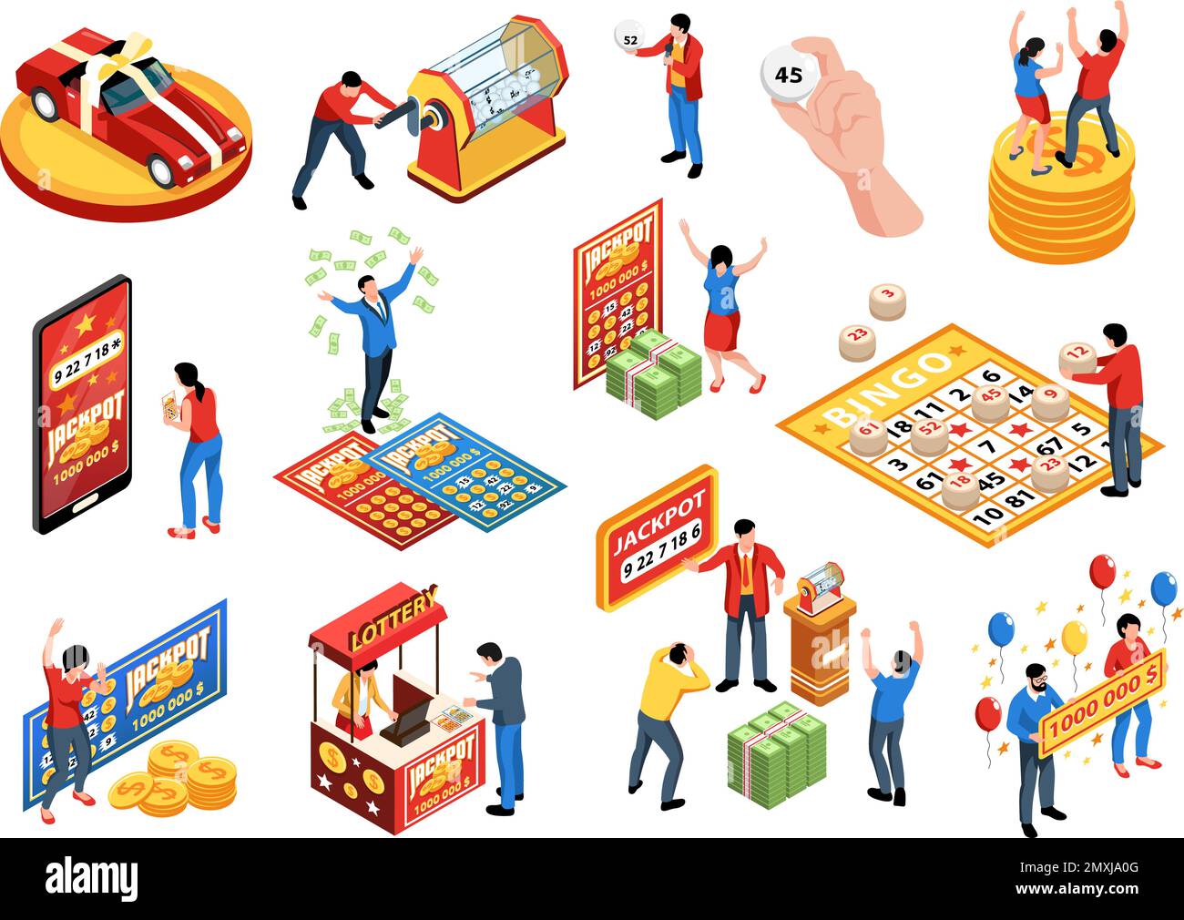 Isometric lottery and bingo icons set with winning and losing people ...