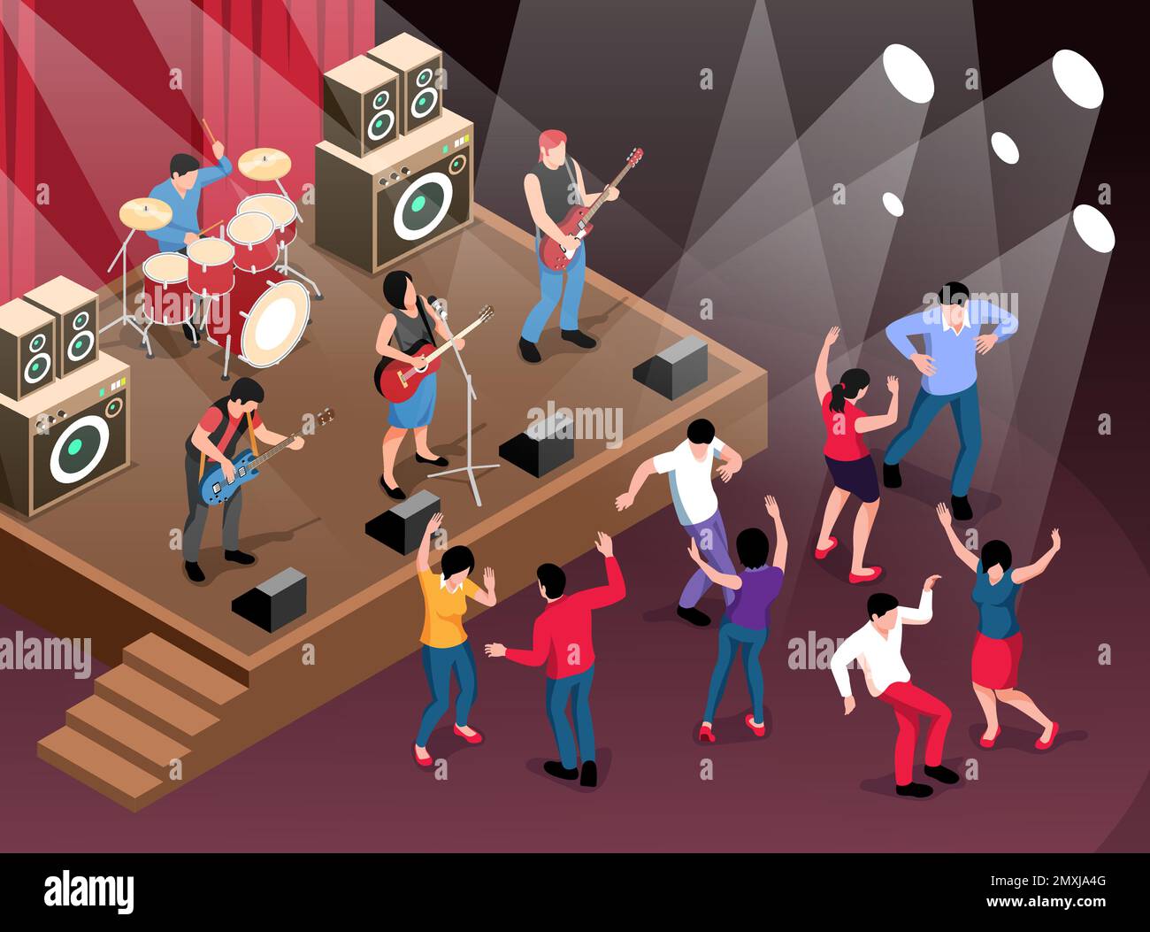 Isometric musicians concept with rock band playing on scene vector ...