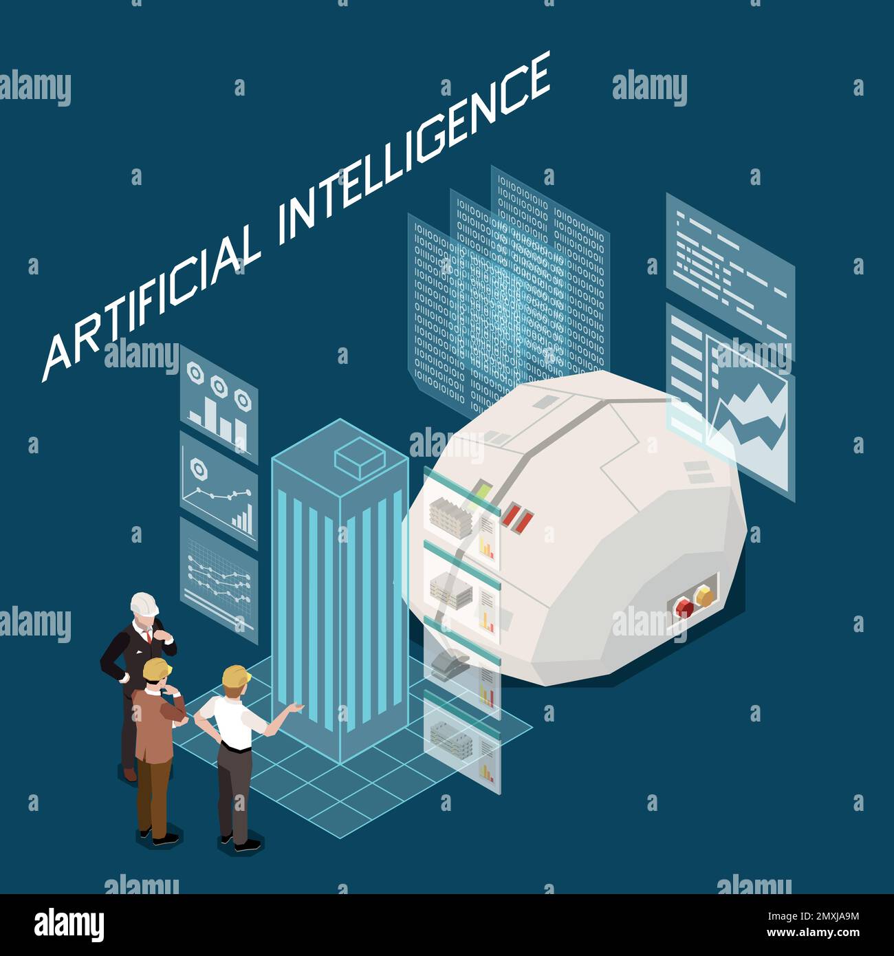 Artificial intelligence in modern construction technologies isometric background with connected ...