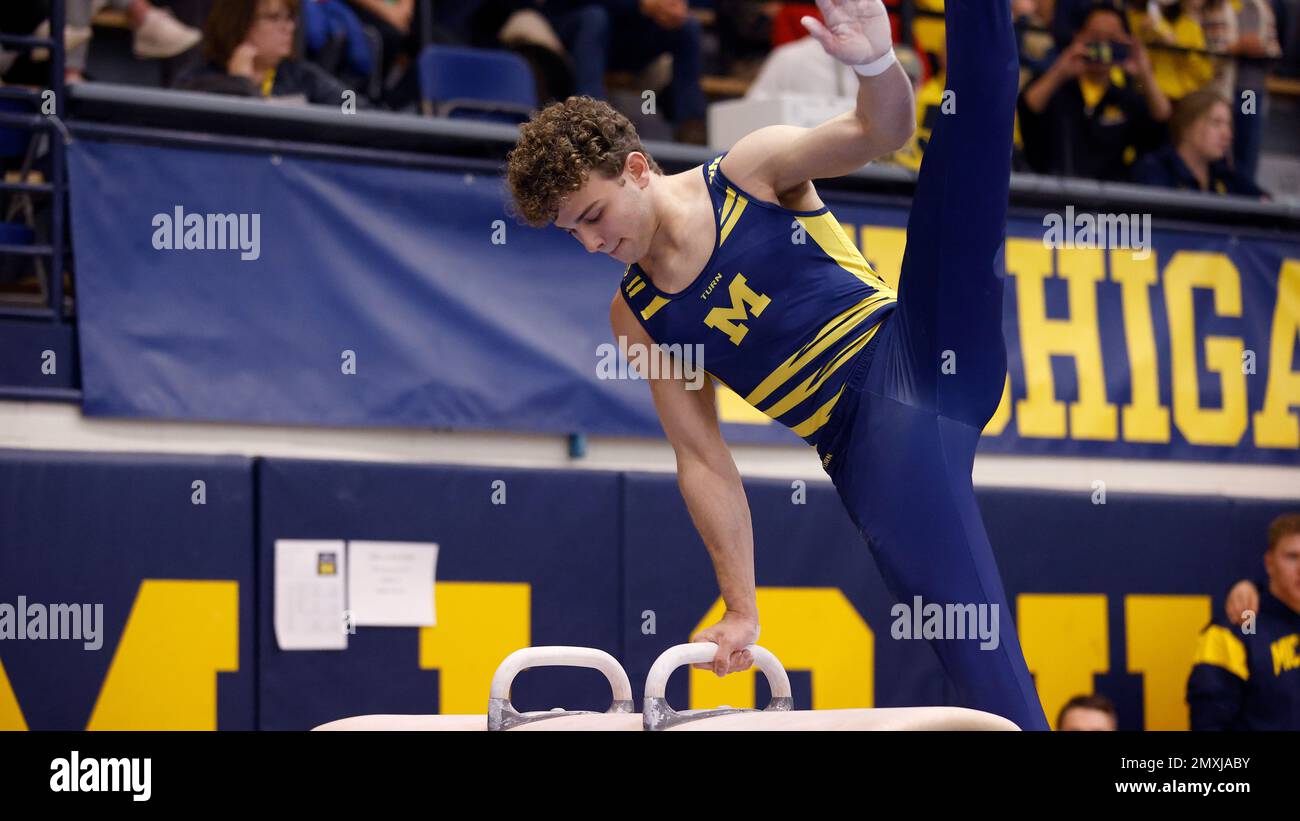 Michigan's Landen Blixt competes in the pommel horse during an NCAA ...