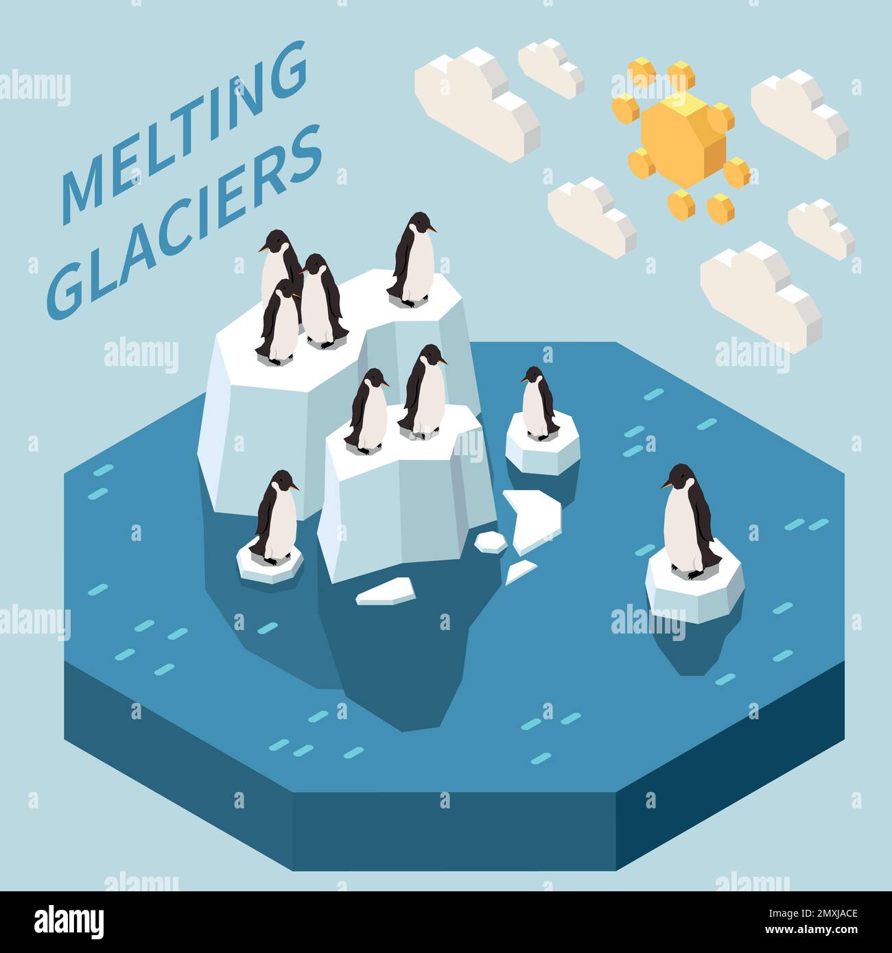 Climate change isometric background with group of penguins on melting ...