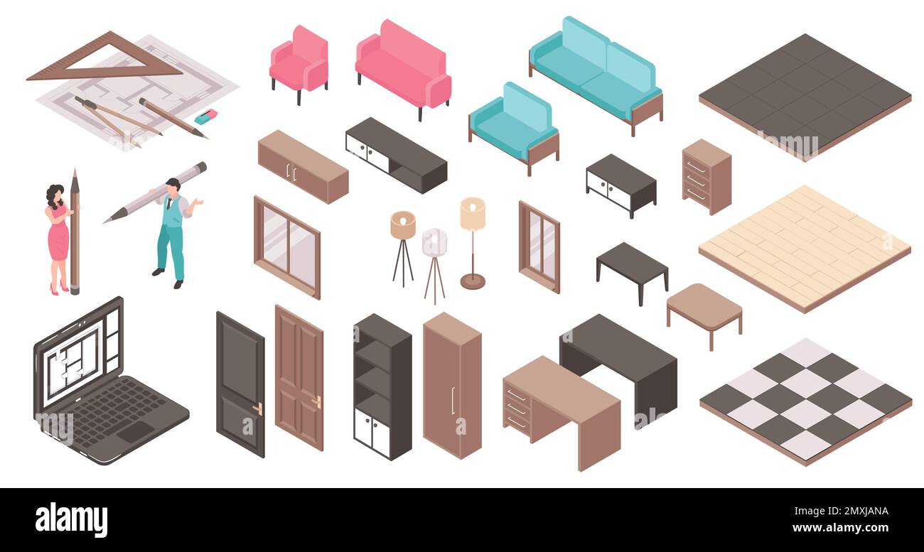 Isometric interior design project set icons with furniture plans and ...