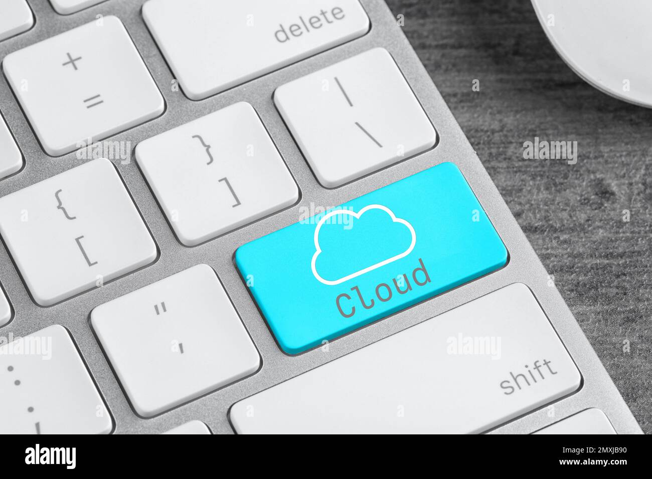 Cloud technology. Modern computer keyboard on table, closeup view Stock ...