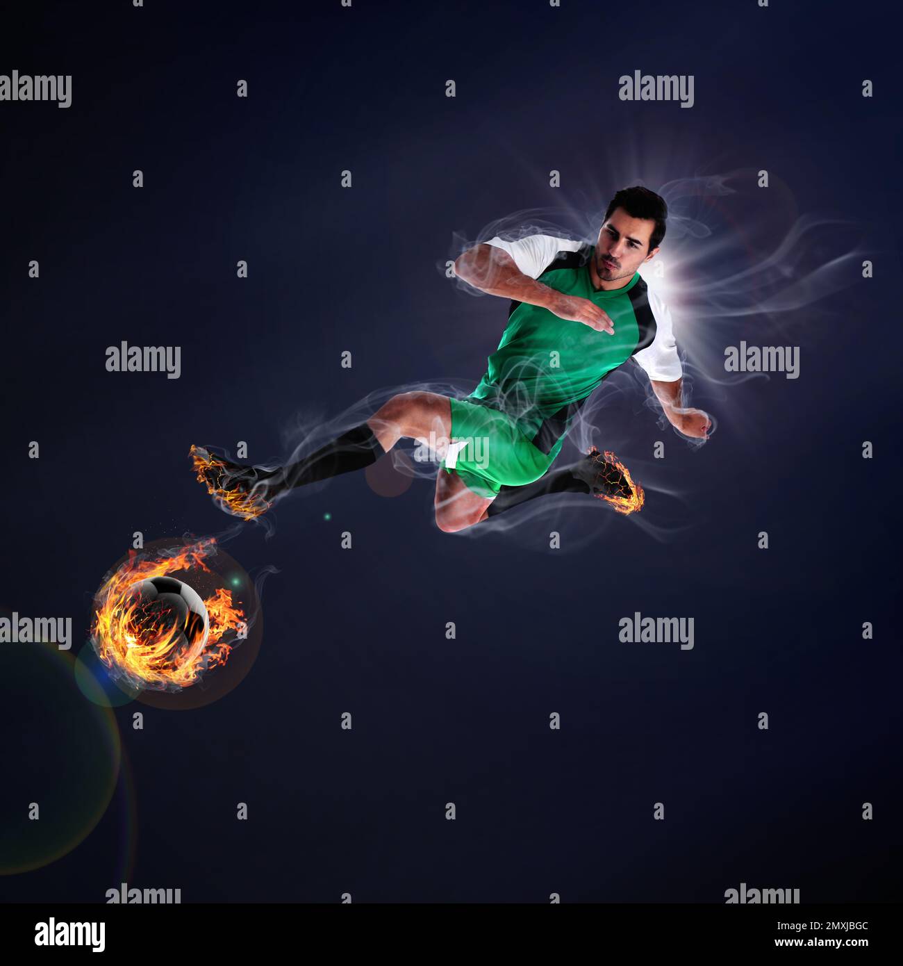 Shot of football player in action. Creative design Stock Photo - Alamy