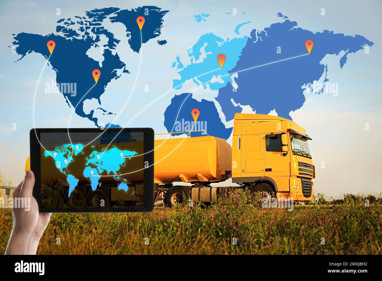 Logistics concept. Woman using tablet with world map on screen against ...