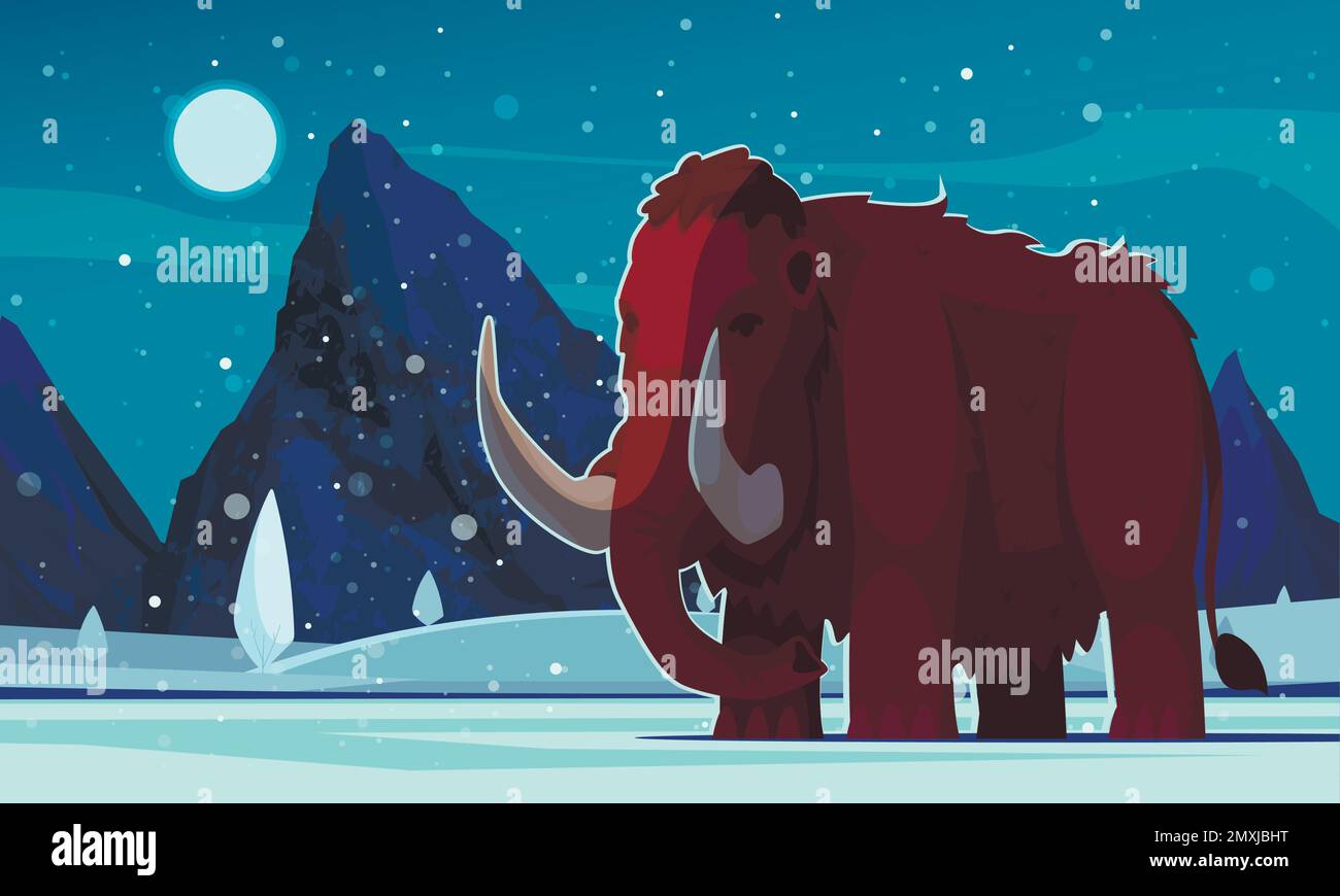 Ancient mammoth in snowy area with rocks in background cartoon vector ...