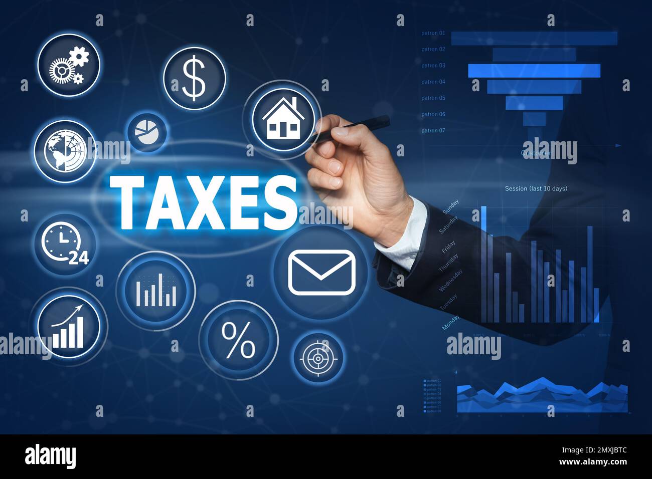Tax concept. Man using virtual screen, closeup Stock Photo - Alamy