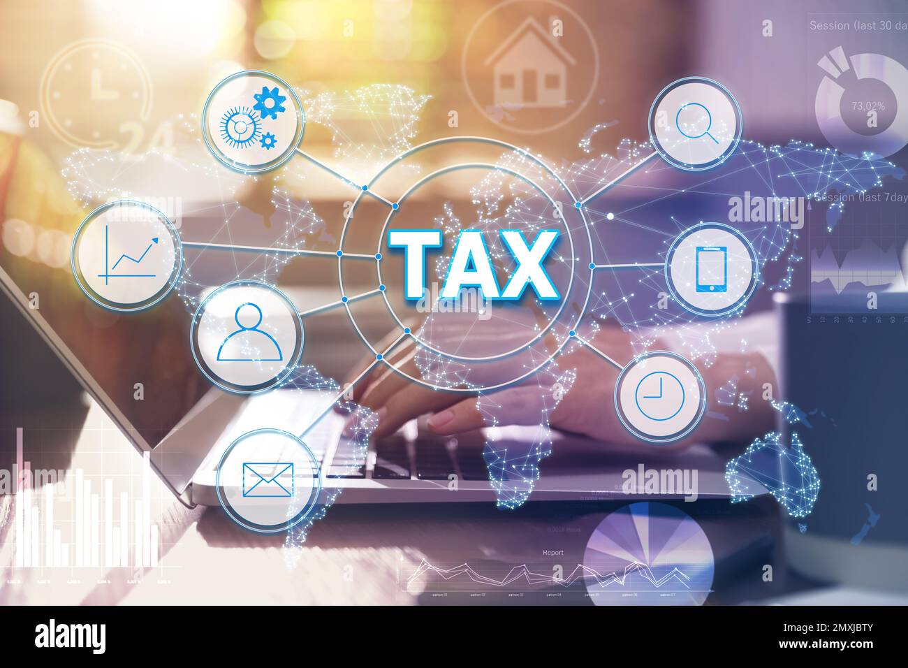 Tax concept. Scheme with icons, charts, world map and woman using ...