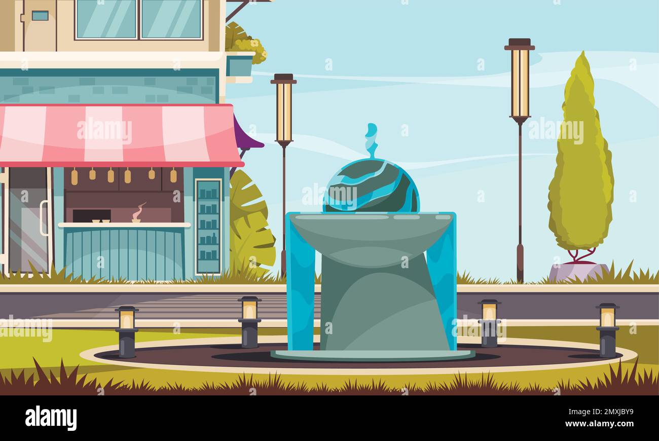 Cartoon city street with fountain surrounded by lights and cafe ...