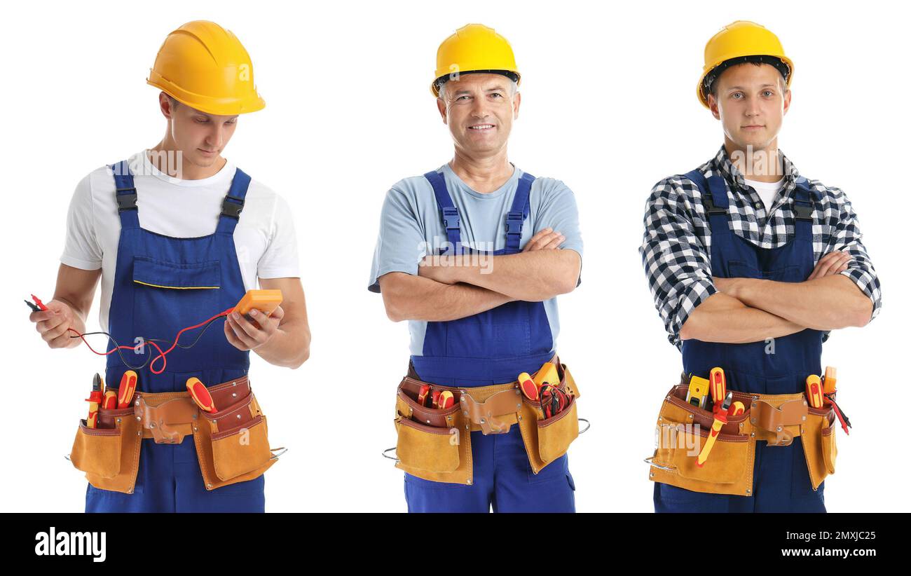 Collage with photos of electricians on white background Stock Photo - Alamy