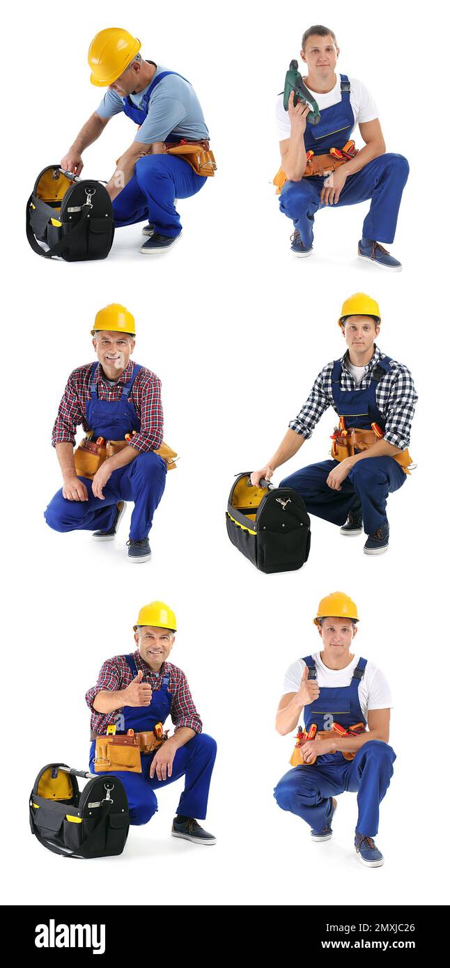 Collage with photos of electricians on white background Stock Photo - Alamy