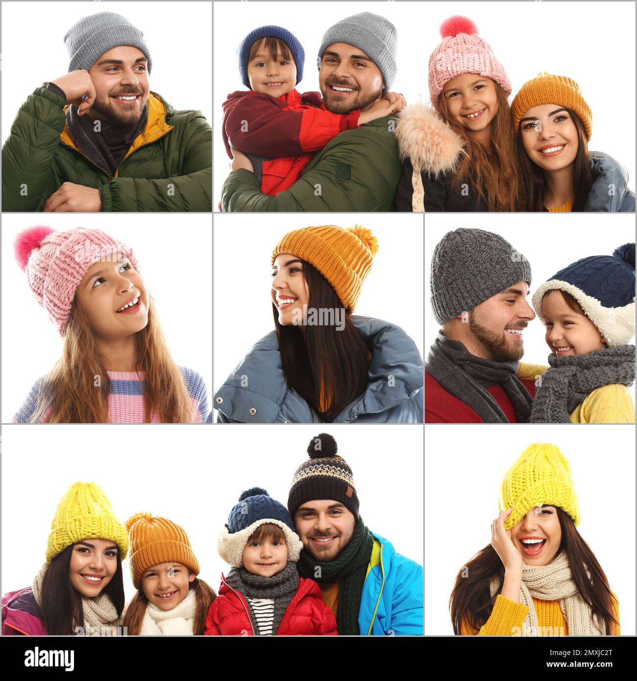 Collage with photos of people wearing warm clothes on white background ...