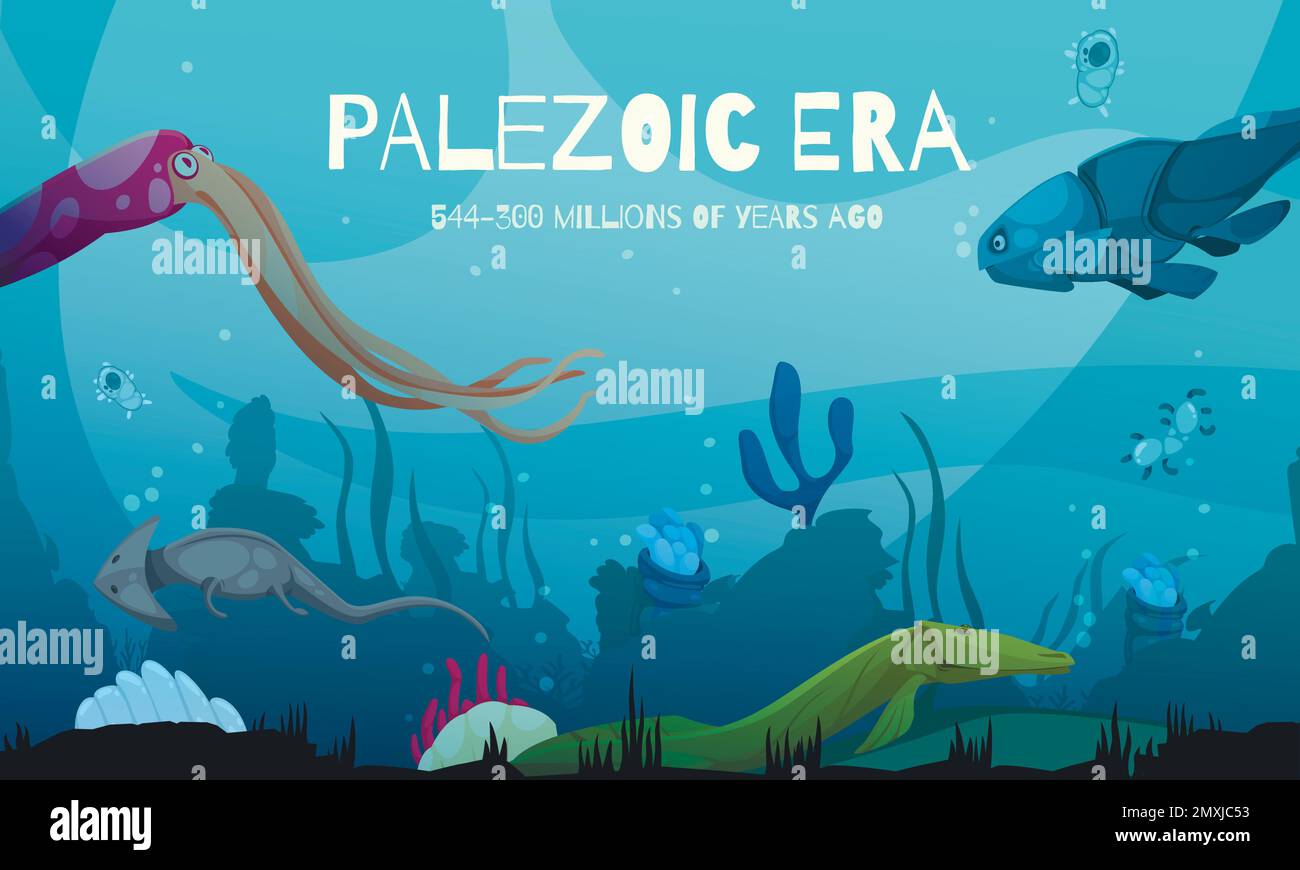 Paleozoic era cartoon composition with underwater creatures at sea ...