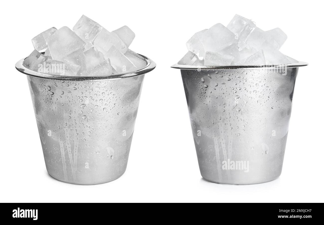 Metal buckets with ice cubes on white background Stock Photo - Alamy