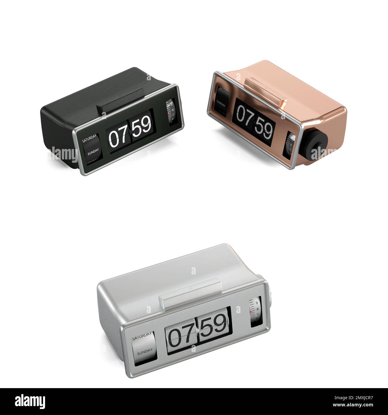 A 3D rendering of three alarm clock in white background Stock Photo - Alamy