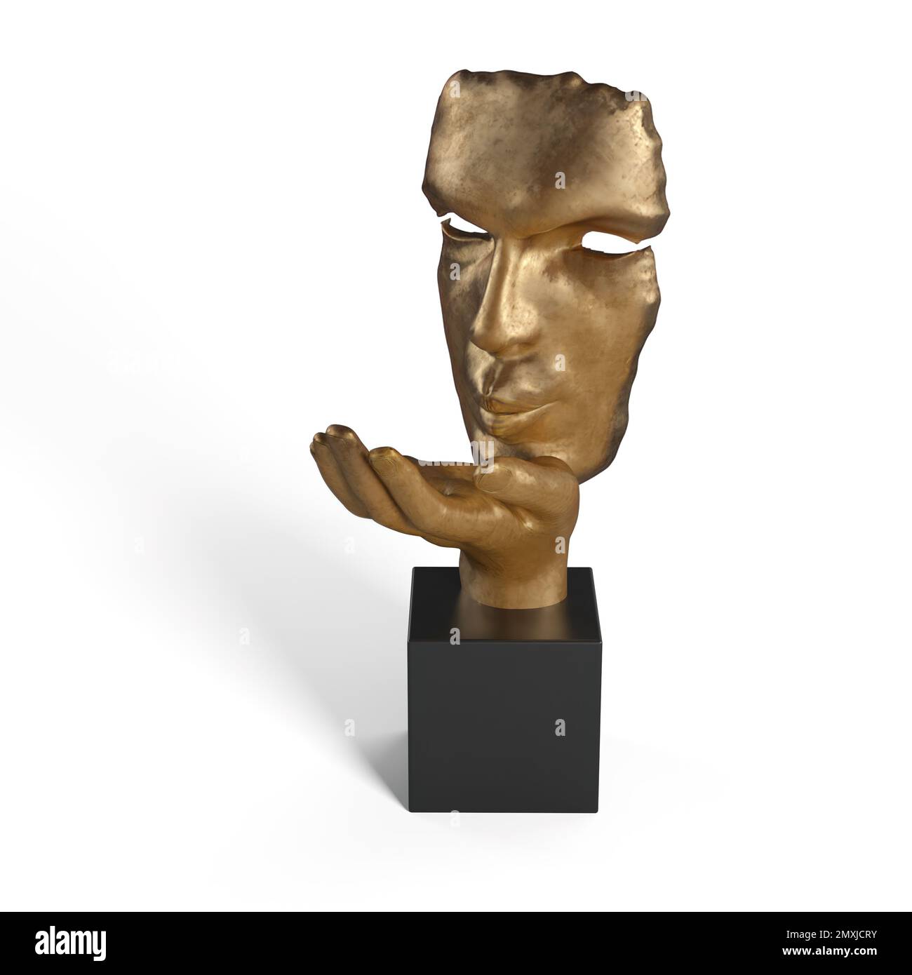 A 3D rendering of figurine with golden human face with hand in white ...