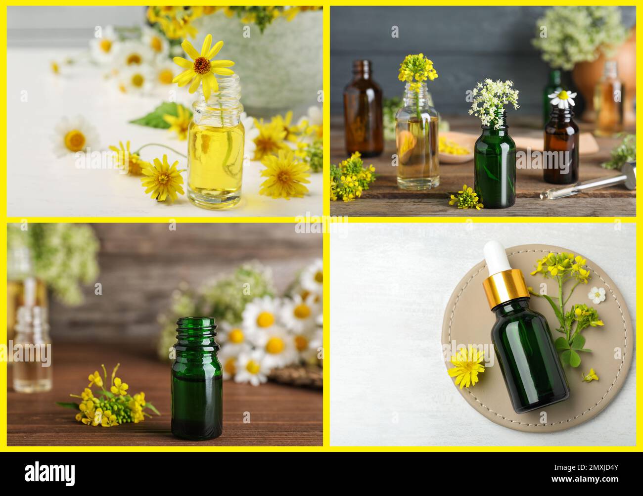 Collage of different photos with essential oils and flowers Stock Photo ...