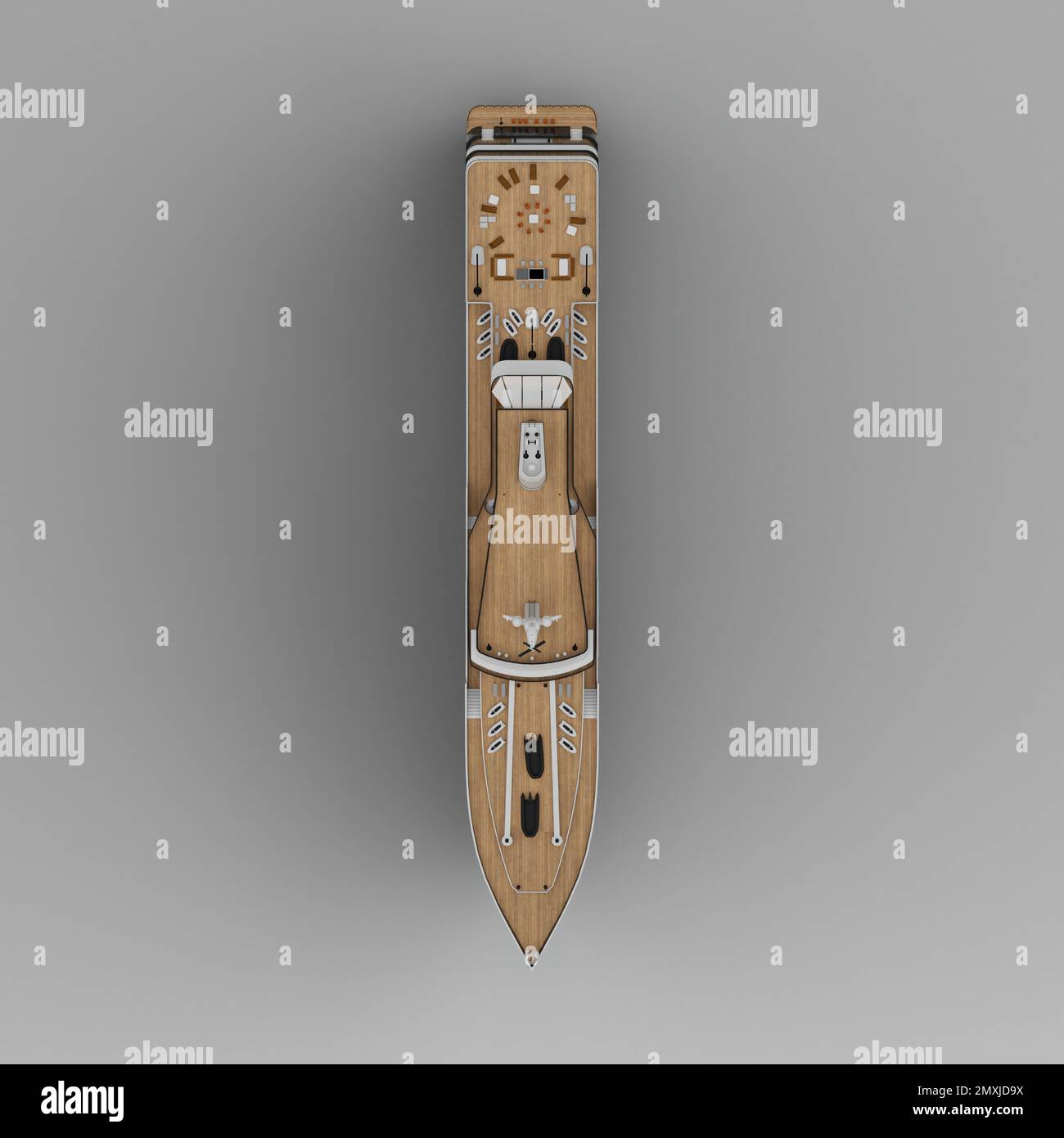A top view of a 3D rendering of a yacht isolated on a grey background ...
