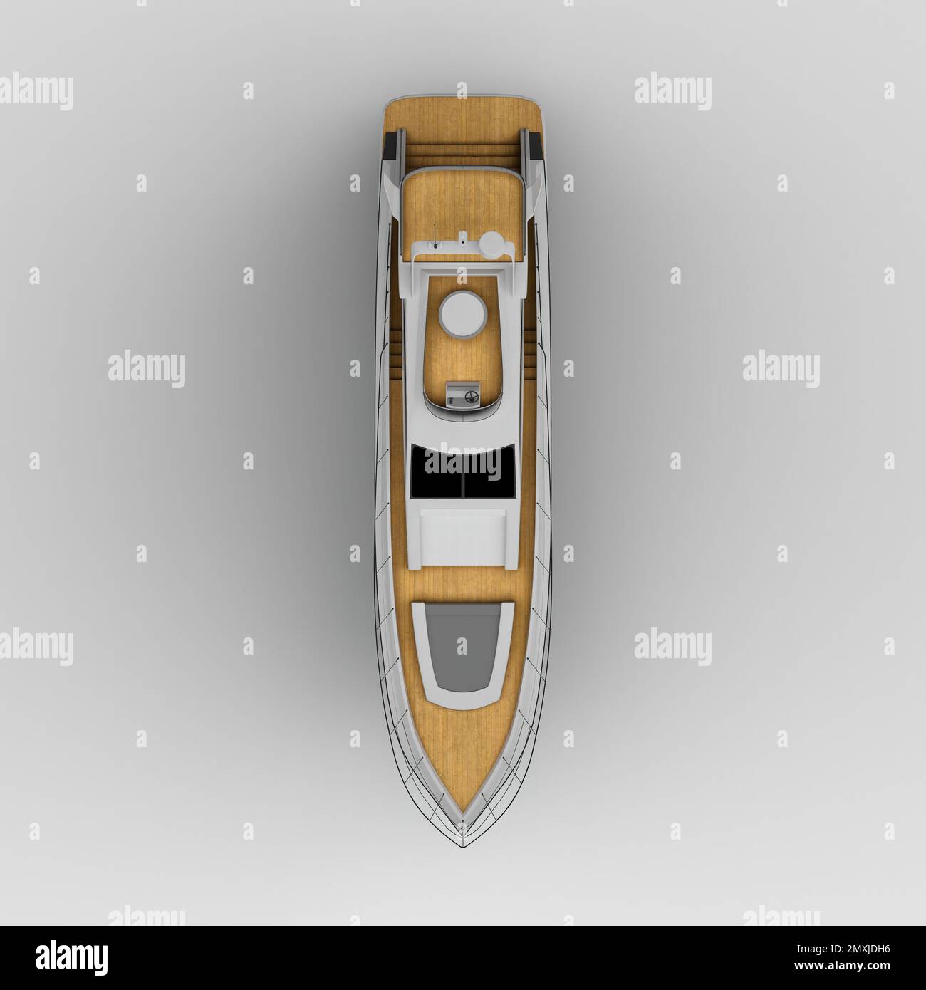 A top view of a 3D rendering of a yacht isolated on a grey background ...