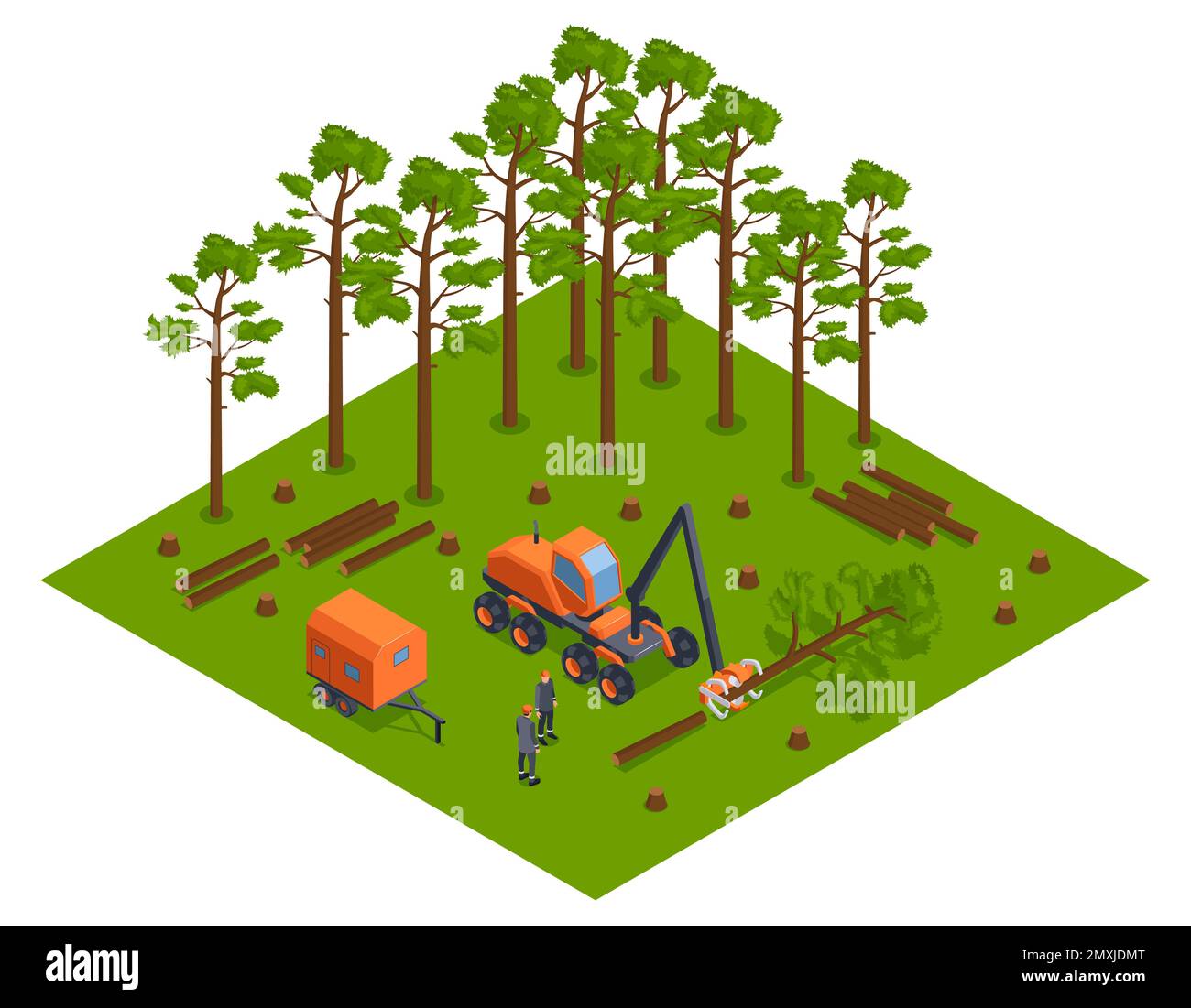 Isometric deforestation concept with woorworking machinery in forest ...