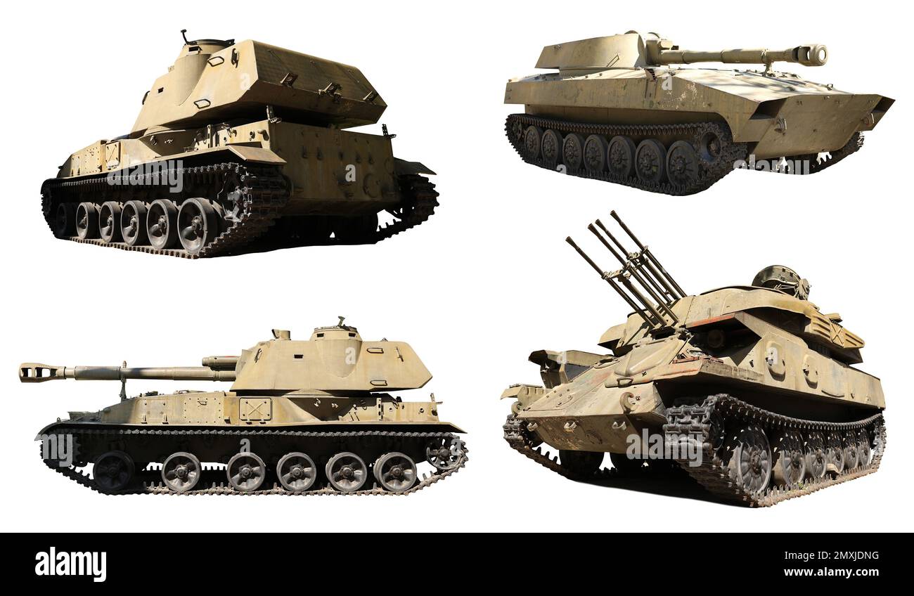 Set of different military machinery on white background Stock Photo - Alamy