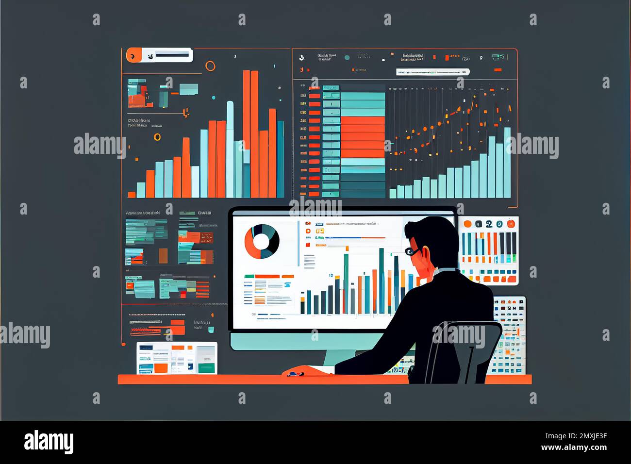 A male working at a computer with a monitor showing graphs Stock Photo ...