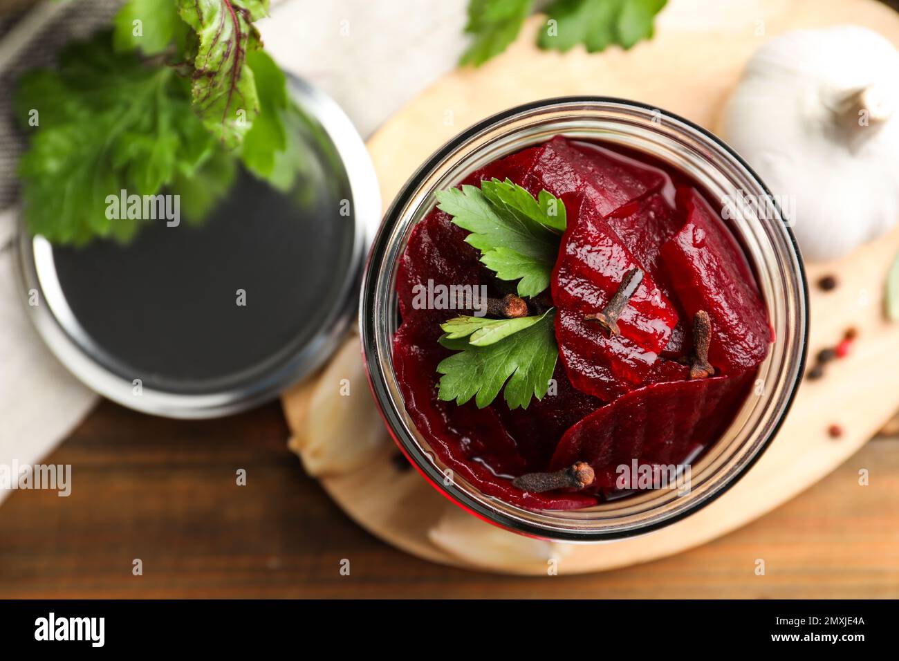 Delicious pickled beets in jar, top view Stock Photo - Alamy
