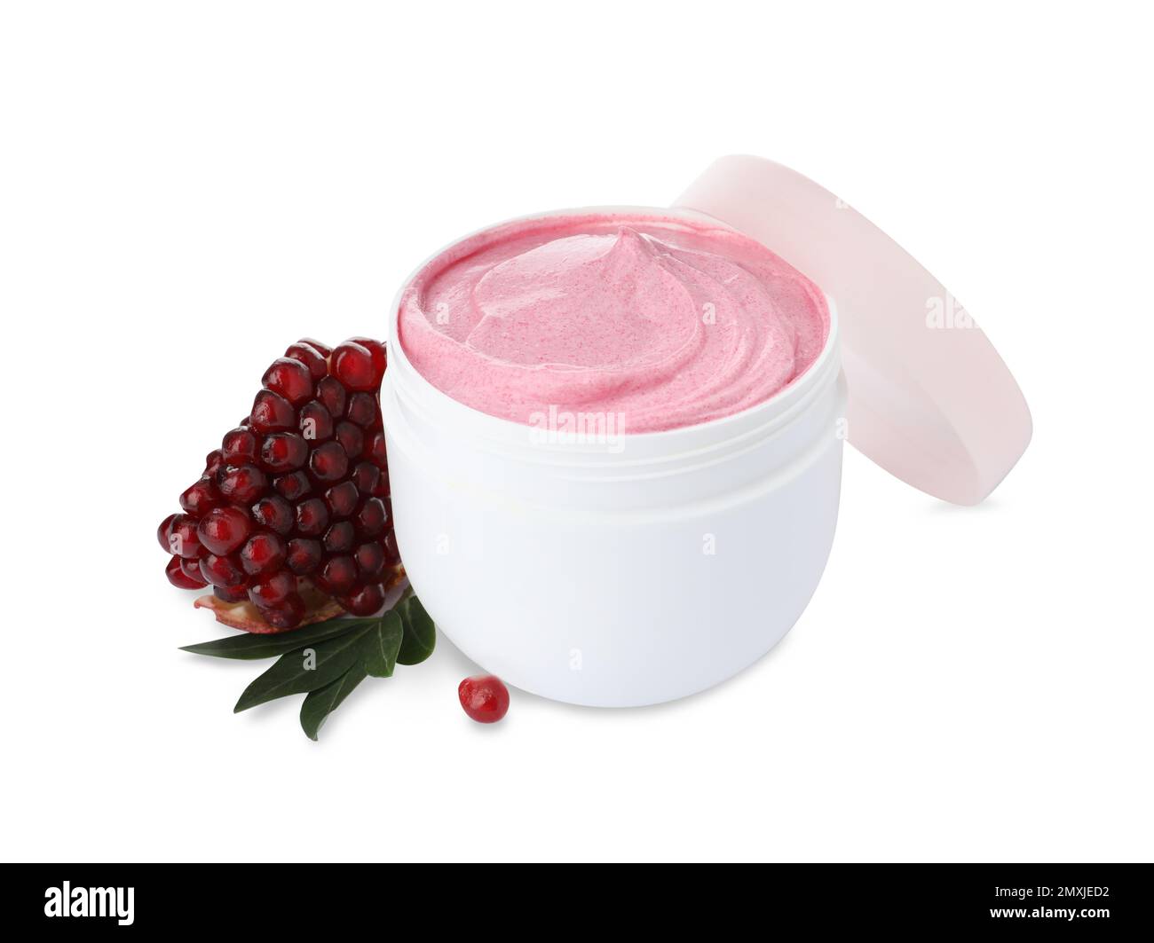 Fresh pomegranate and jar of facial mask on white background. Natural ...