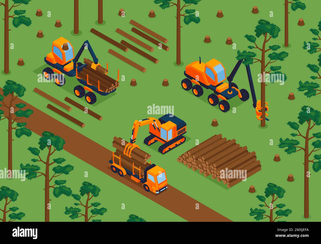 Isometric sawmill concept with woodsorking machinery in forest vector ...
