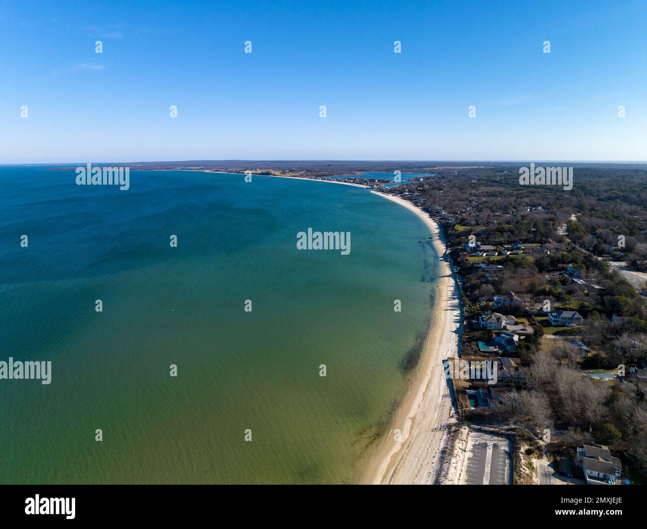 An aerial of the sandy Meschutt Beach and the Great Peconic Bay on Long ...