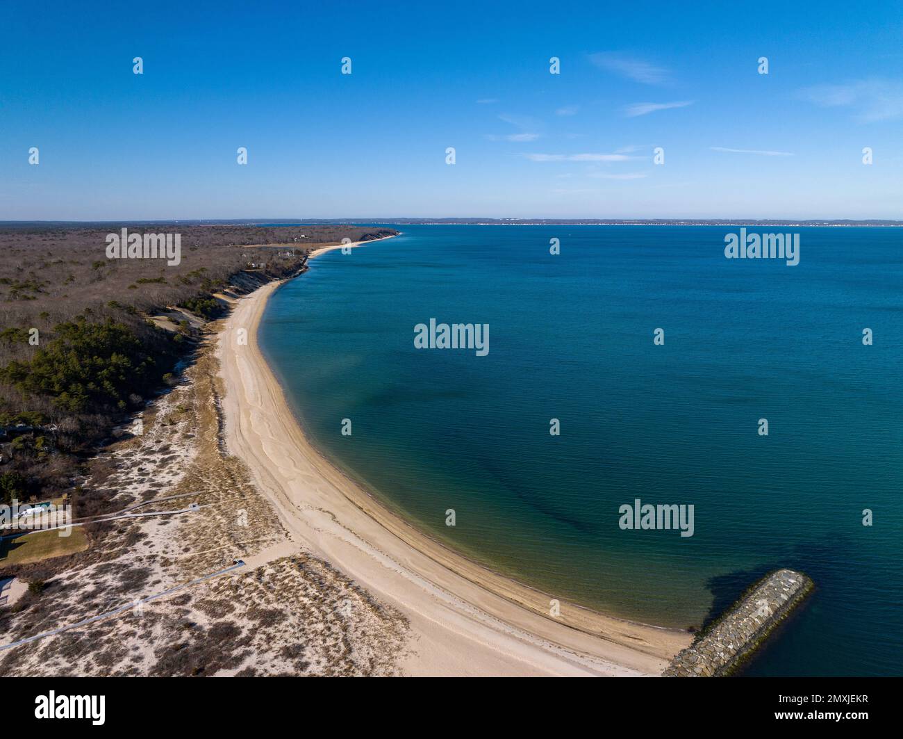An aerial of the sandy Meschutt Beach and the Great Peconic Bay on Long ...