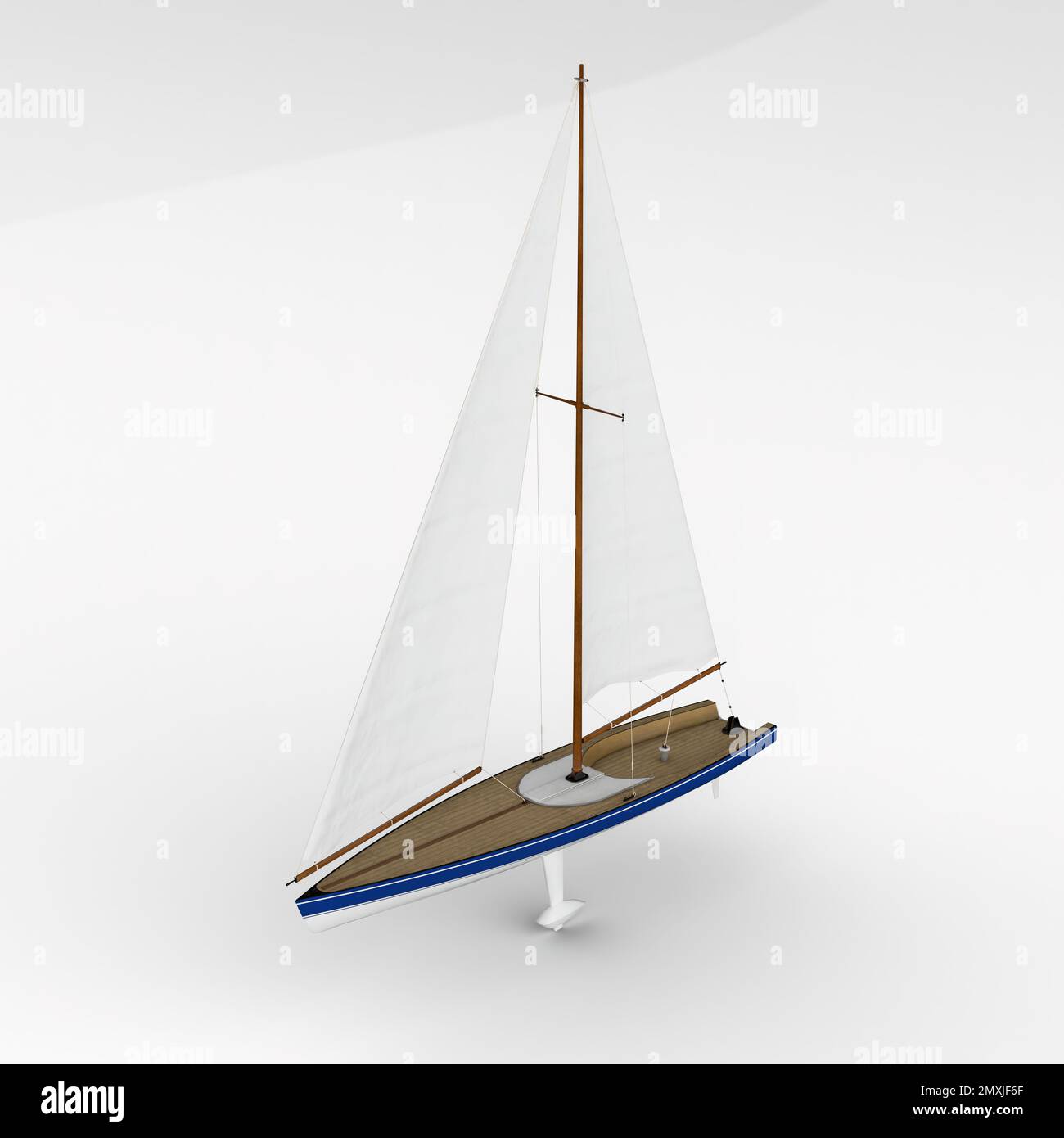 A 3D rendering of a wooden sailboat model with a long mast on light ...