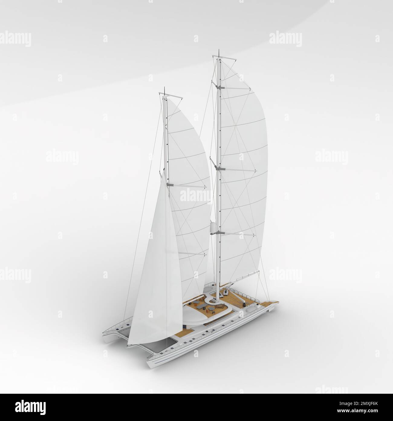 A 3D rendering of a wooden sailboat model with a long mast on white ...