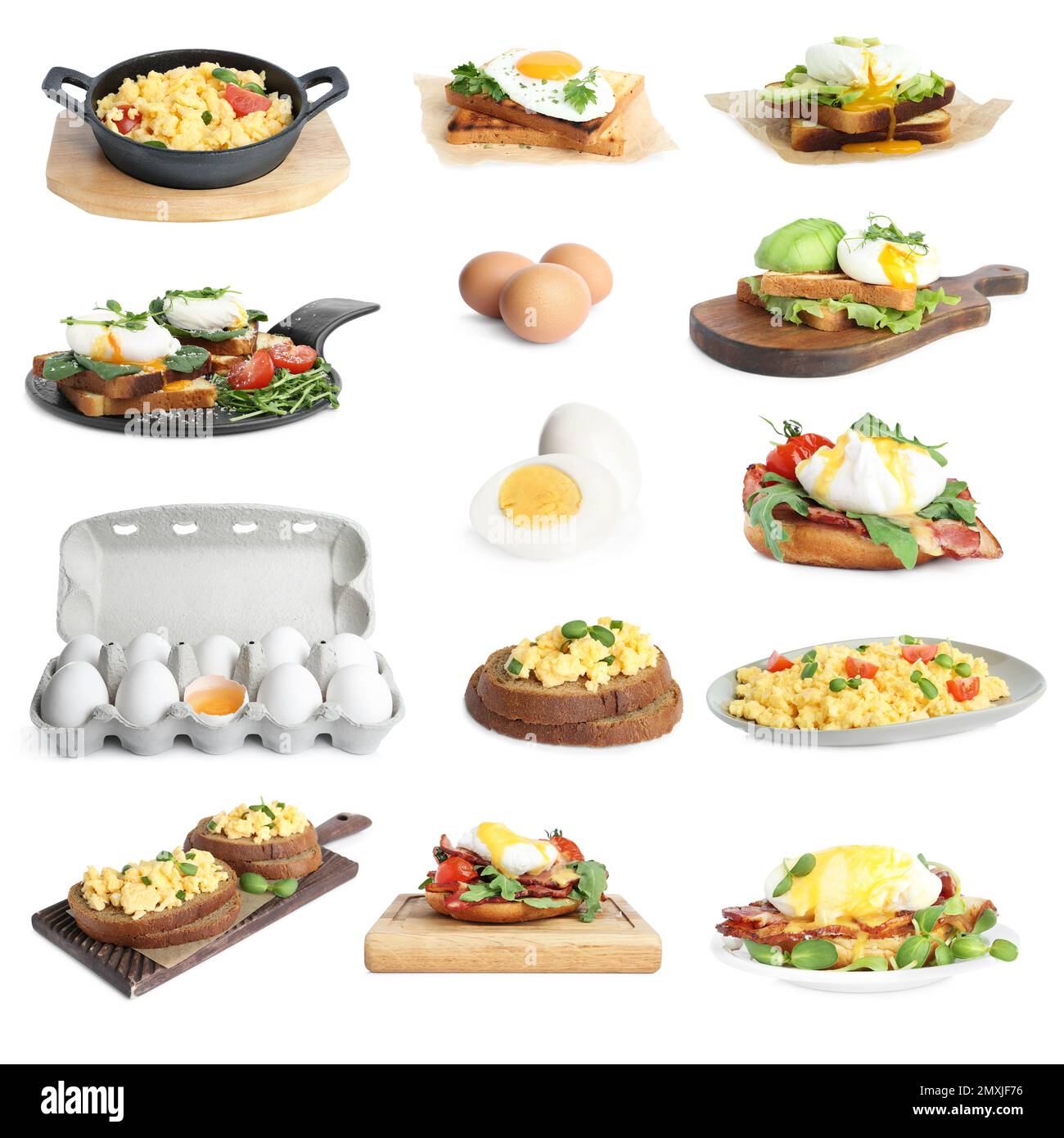Set of different egg dishes on white background Stock Photo - Alamy