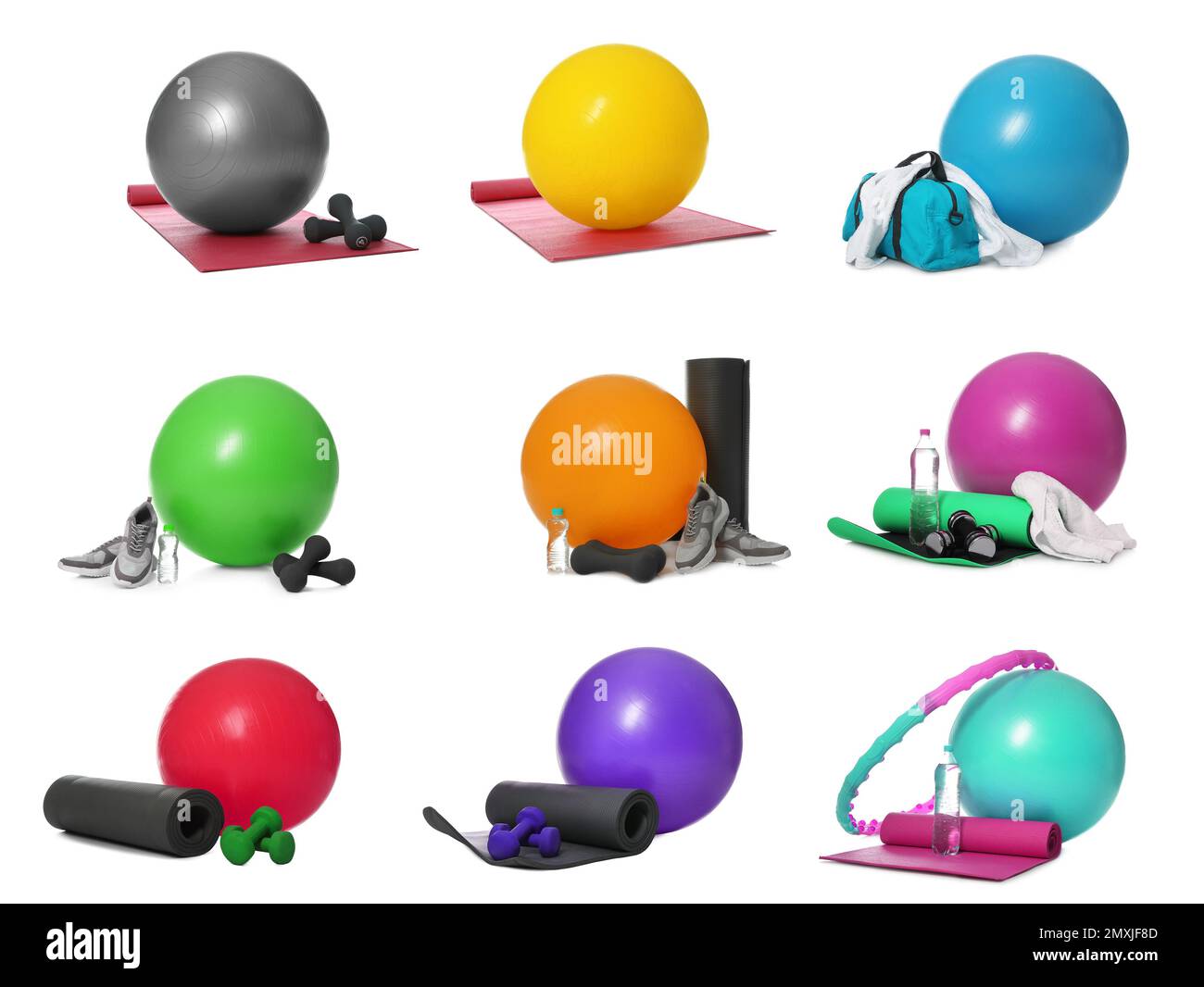 Set of fitness balls and other sport accessories on white background ...