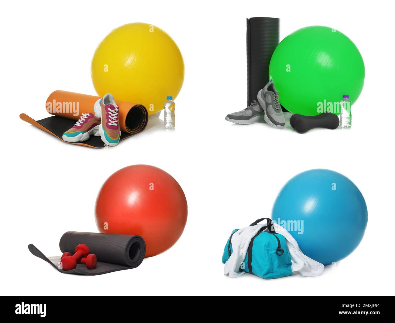 Set of fitness balls and other sport accessories on white background ...