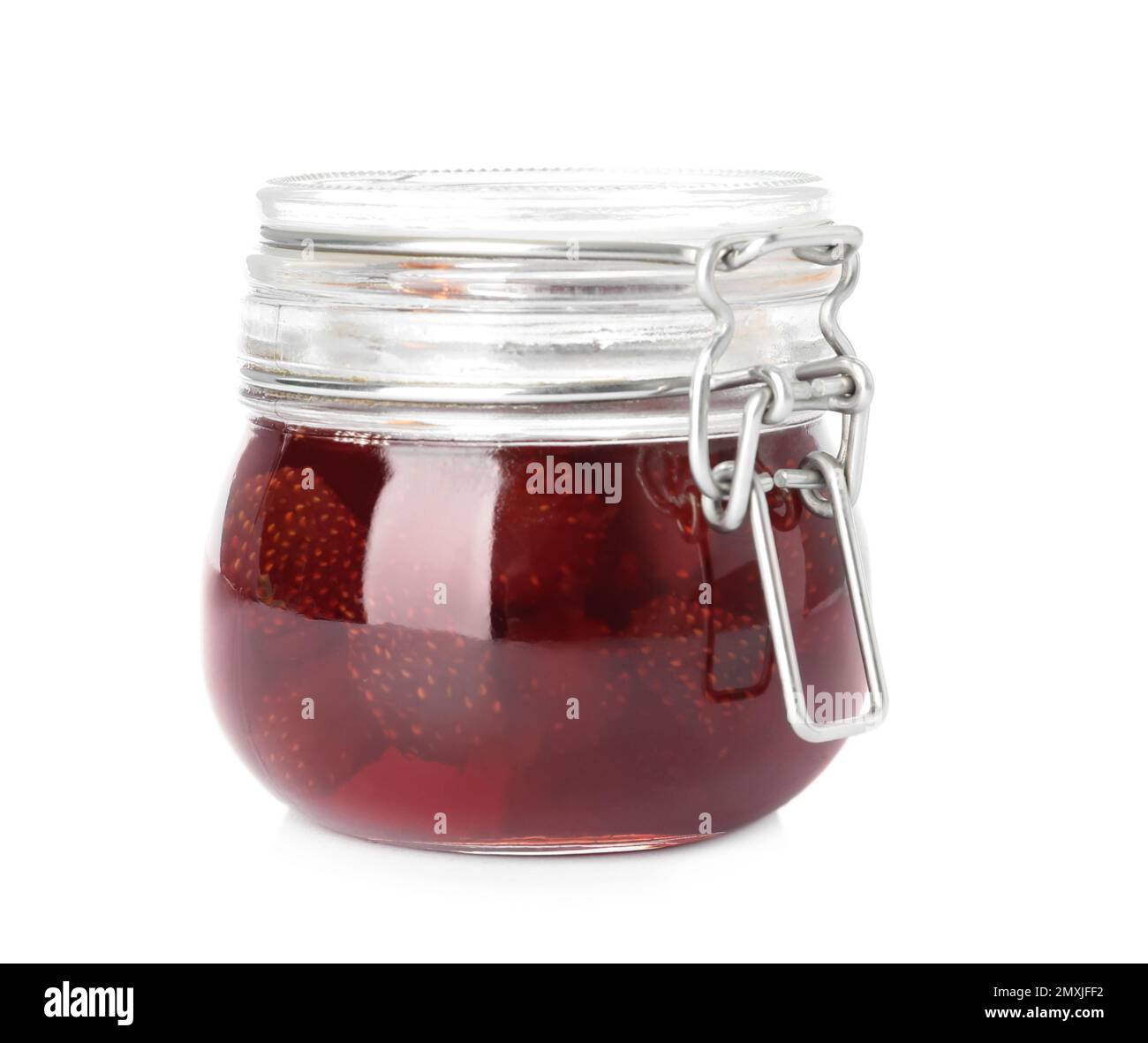 Delicious pickled strawberry jam in glass jar isolated on white Stock ...