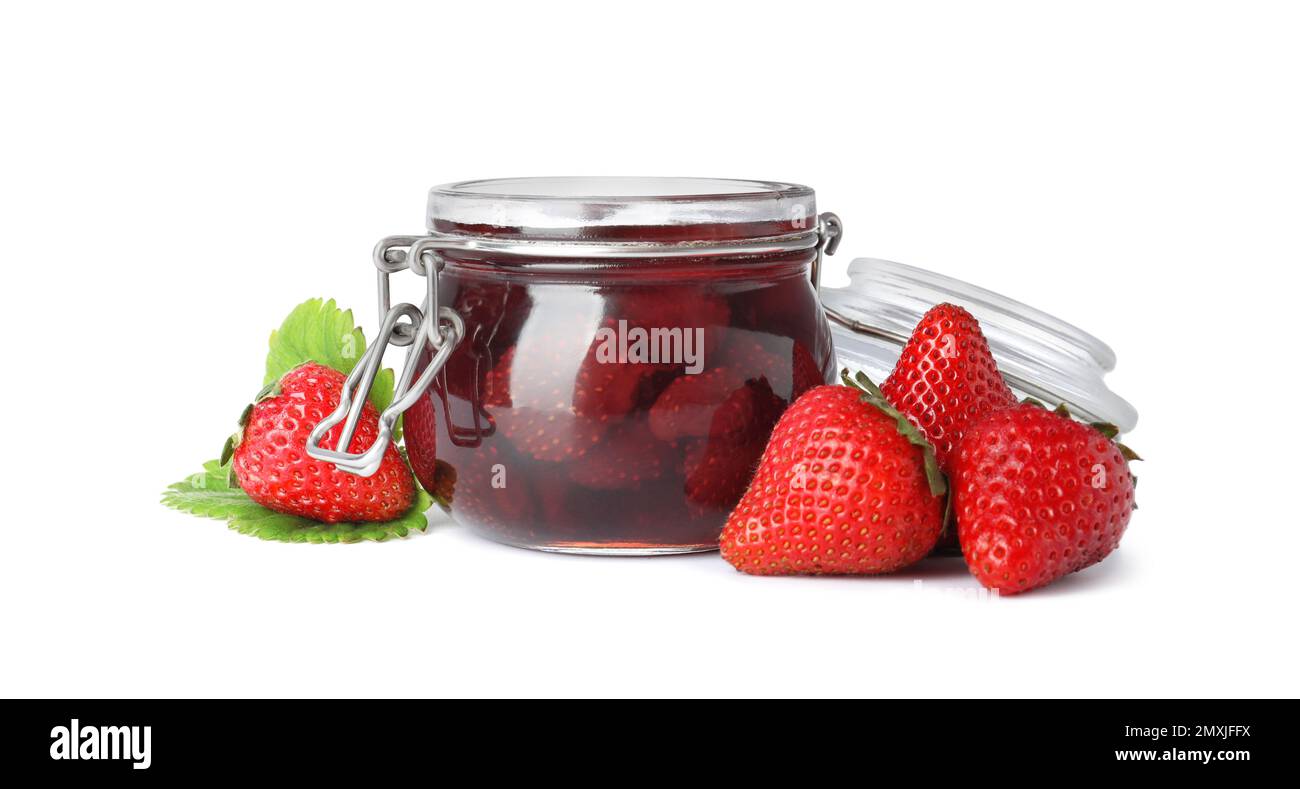 Delicious pickled strawberry jam and fresh berries isolated on white ...