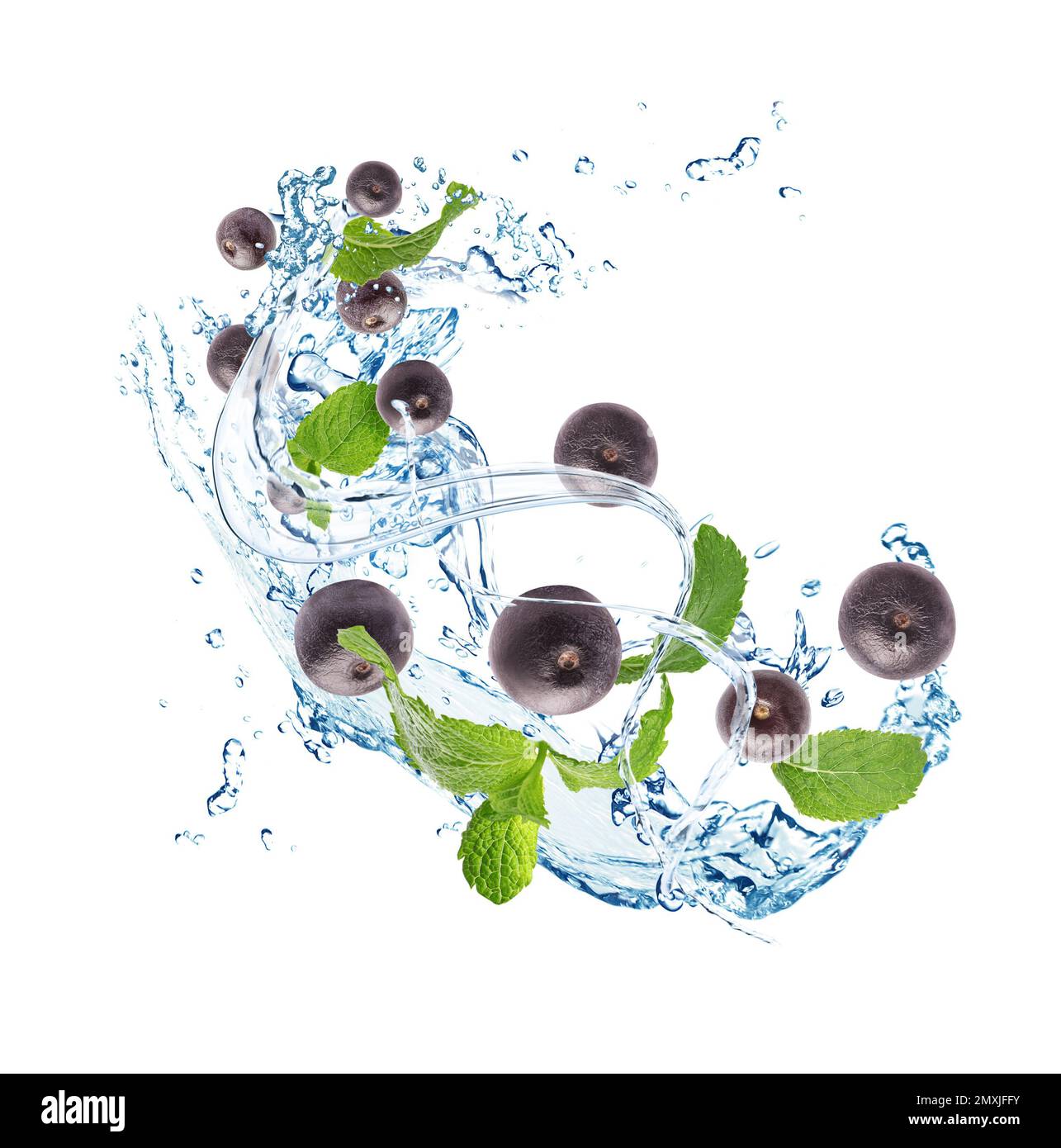 Water splash with acai berries and mint leaves on white background ...