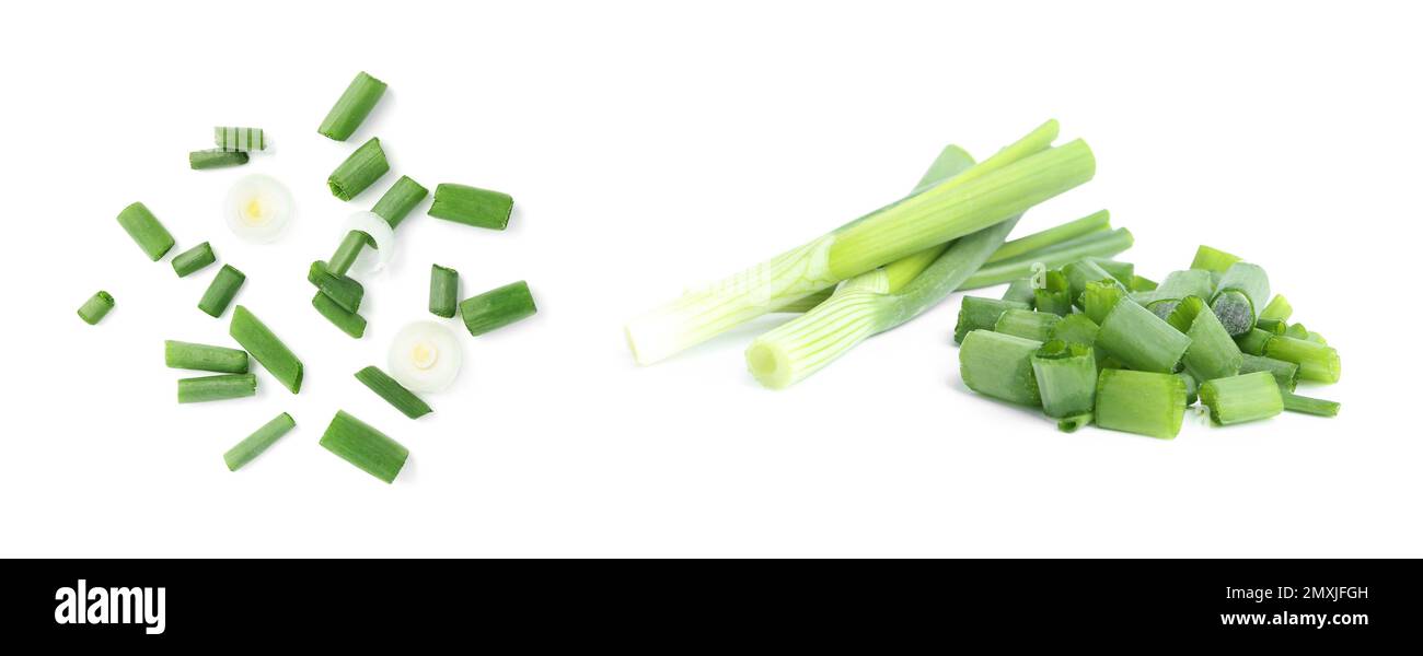 Set of cut green onions on white background. Banner design Stock Photo ...