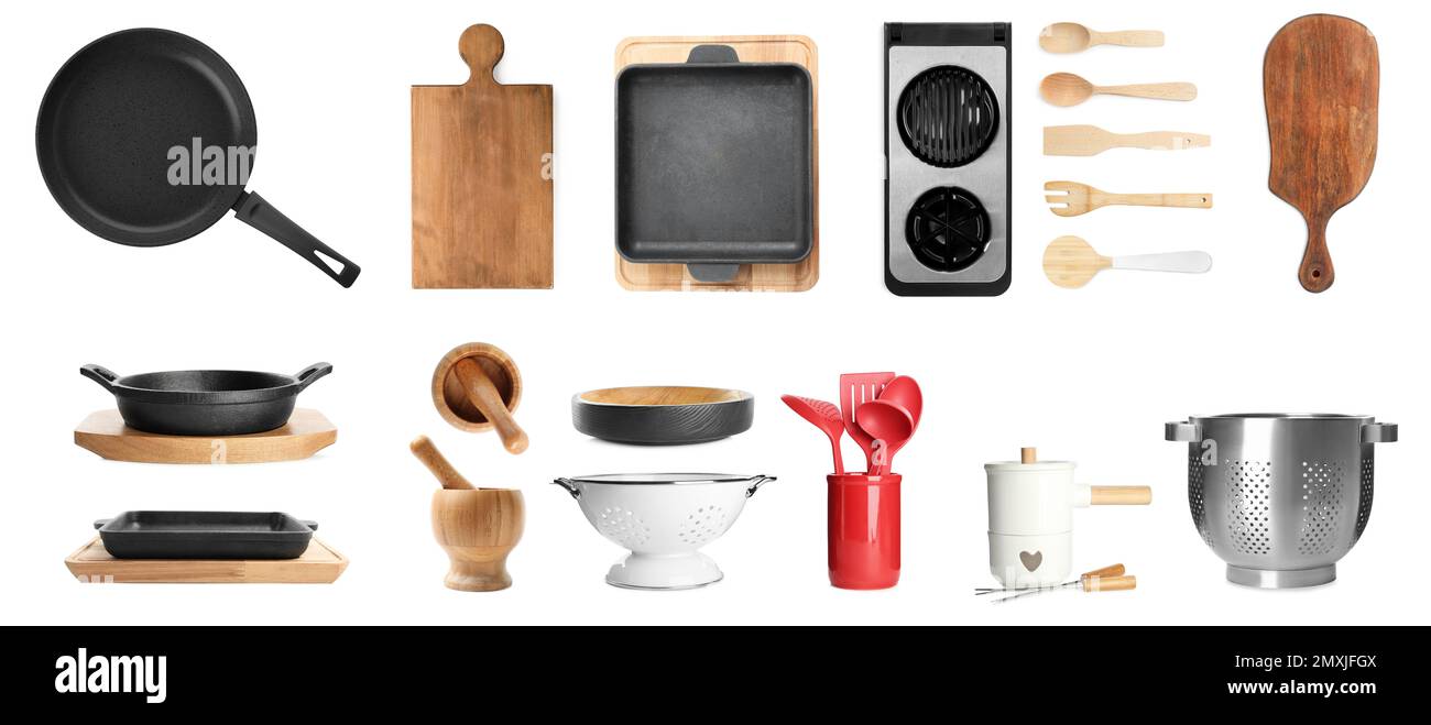 Set with different cooking utensils on white background, banner design ...