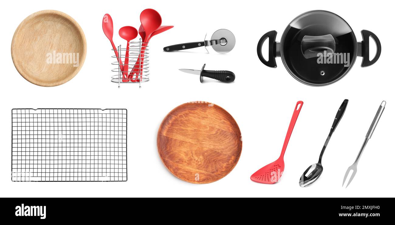 Set with different cooking utensils on white background, banner design ...