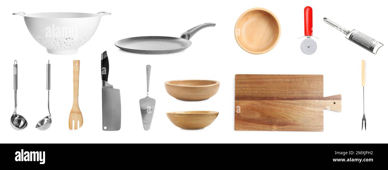 Set with different cooking utensils on white background, banner design ...
