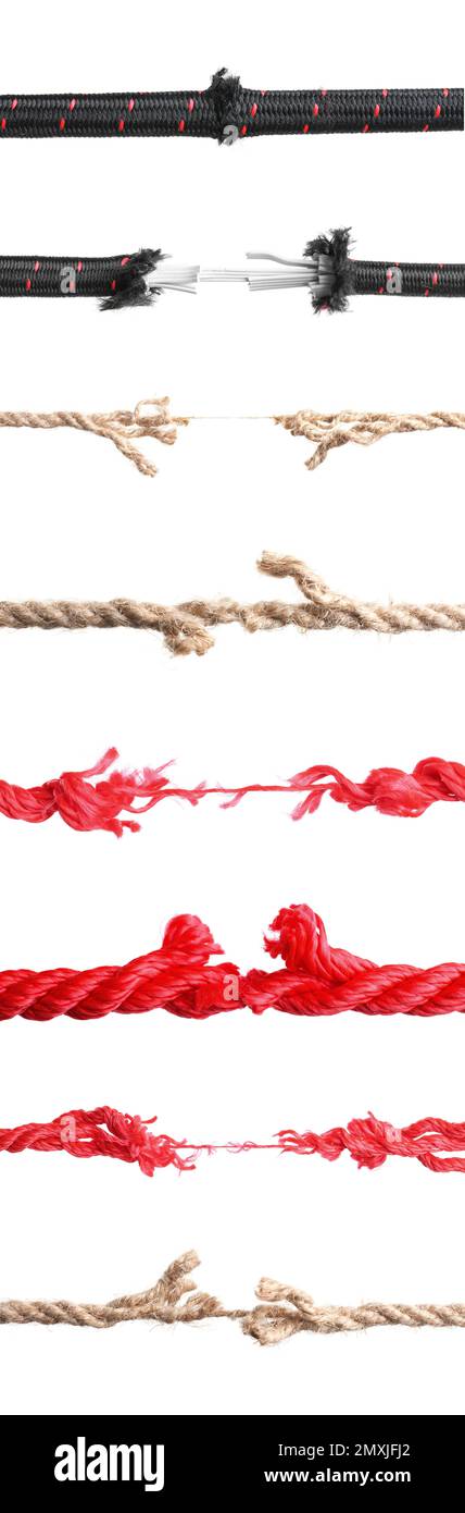 Collage with ruptures of different ropes on white background Stock ...