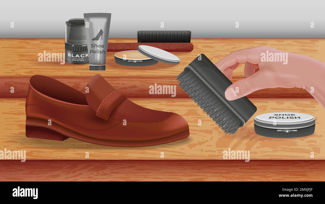 Footwear care realistic composition with shoe jar and tube of polish ...