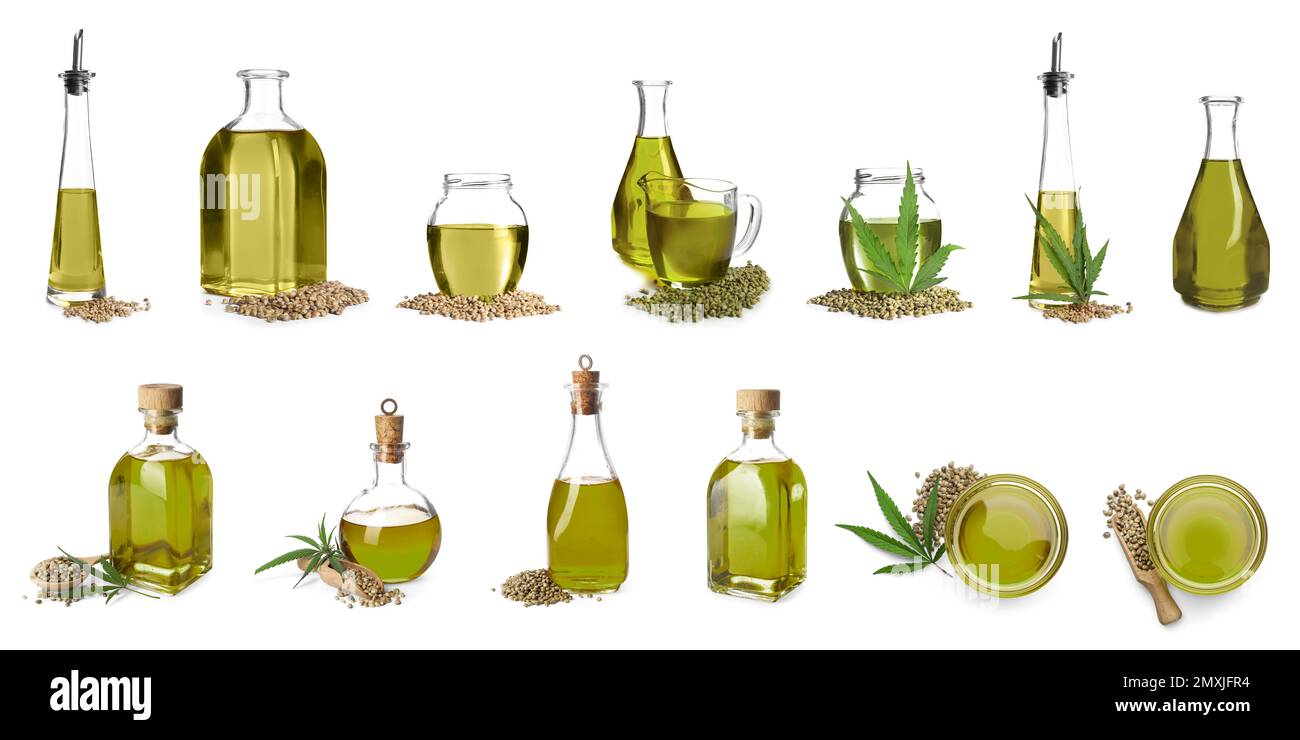 Collage with hemp oil on white background, banner design Stock Photo ...